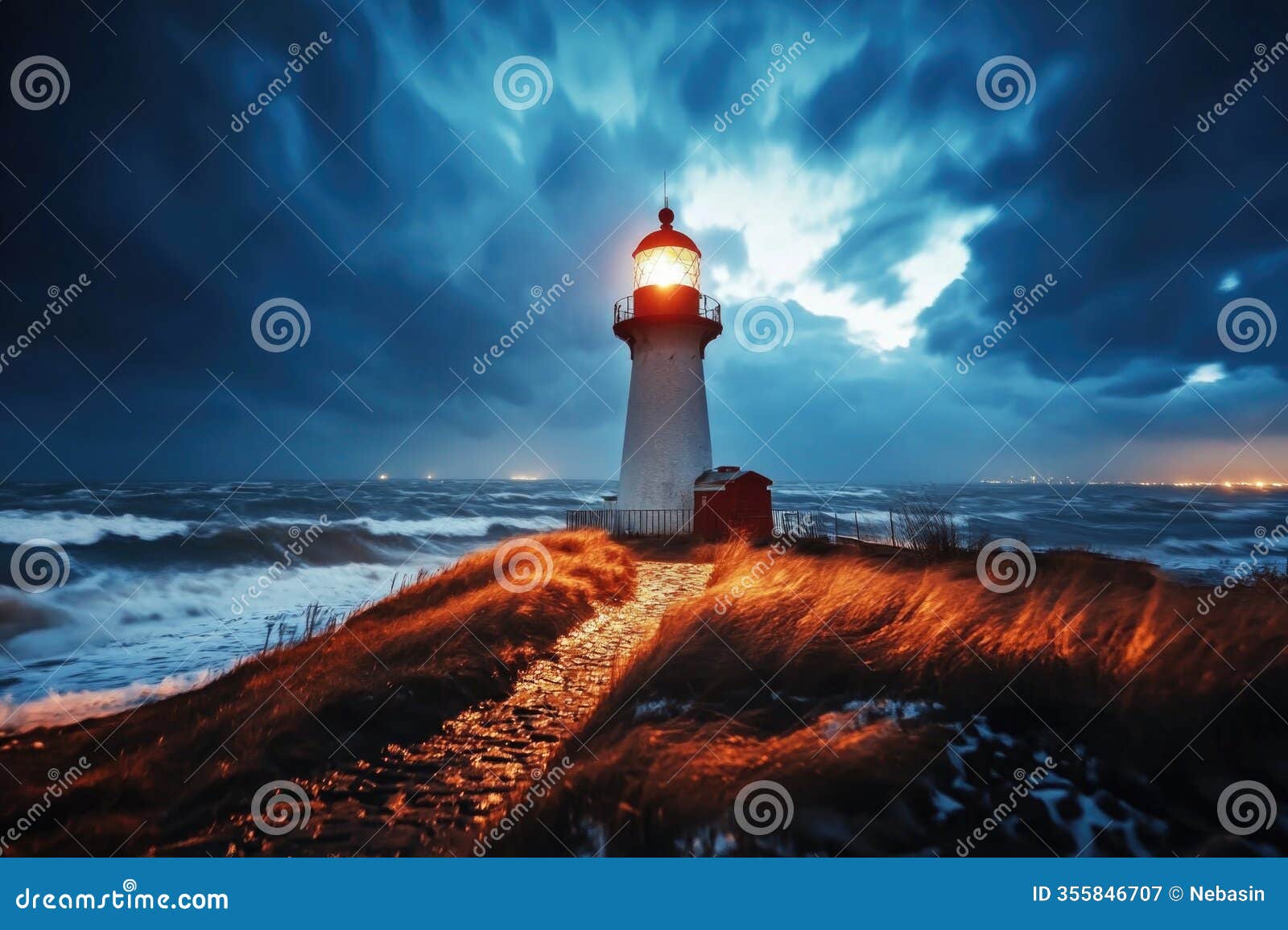 Dramatic Lighthouse at Sunset with Stormy Sea and Illuminated Pathway ...