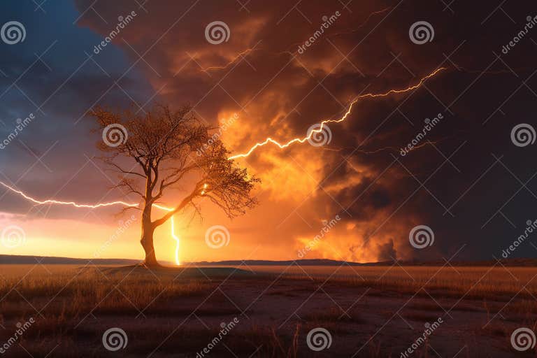 Dramatic Lightning Bolt Striking a Lone Tree Stock Illustration ...