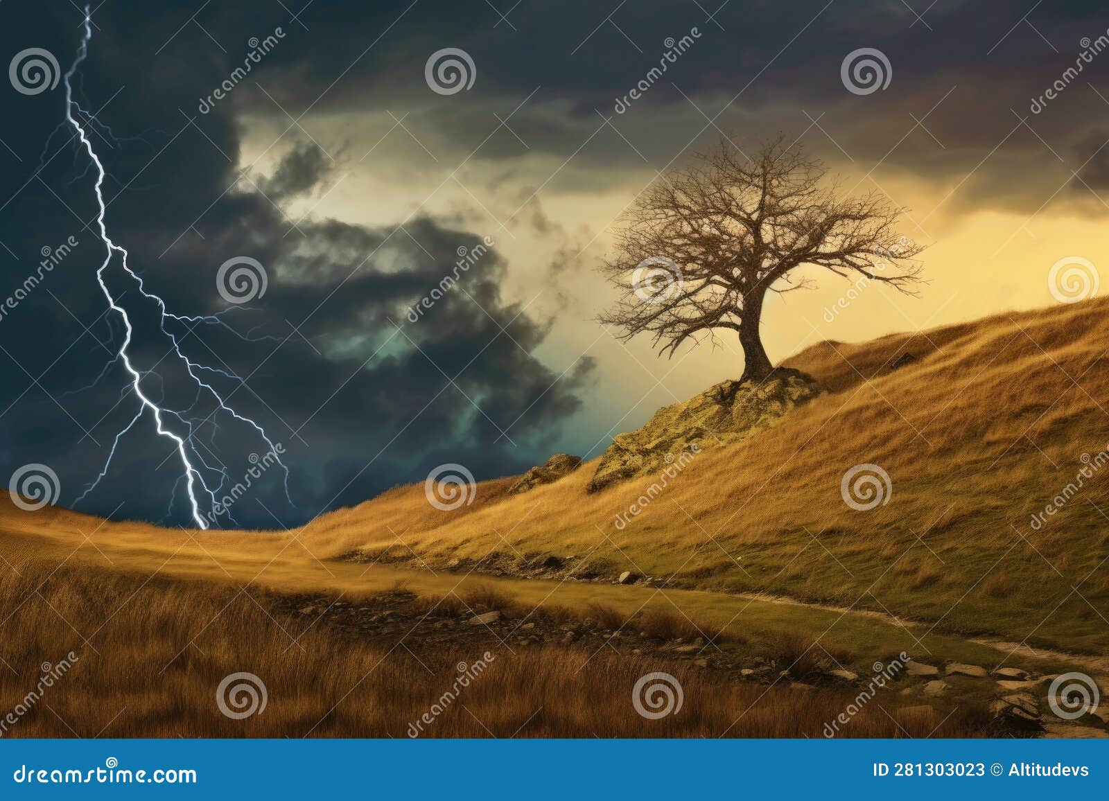 Dramatic Lightning Bolt Striking a Lone Tree on a Hill Stock ...