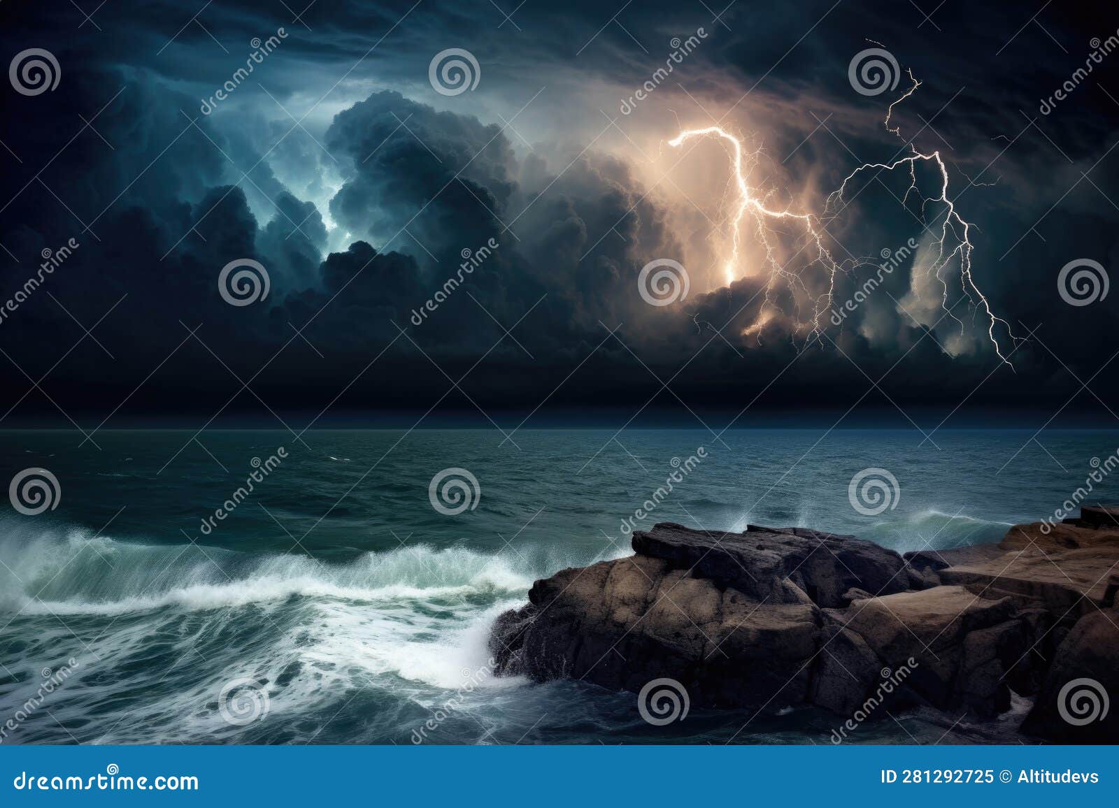 Dramatic Lightning Storm Above Raging Ocean Stock Illustration ...
