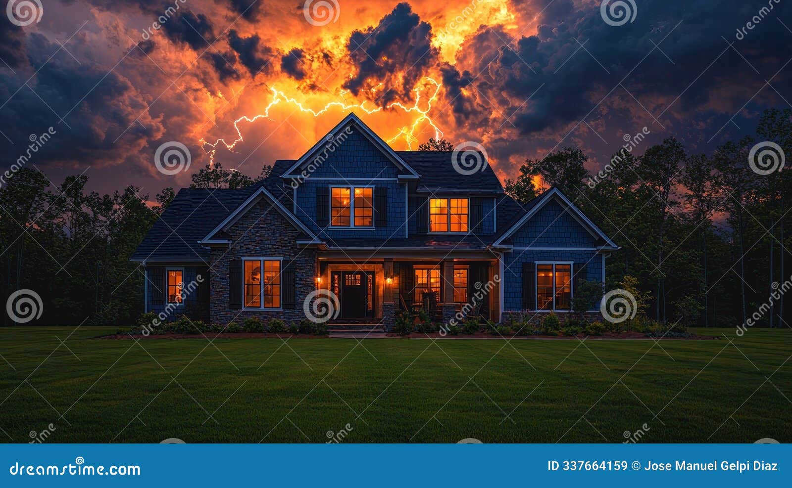 Dramatic Lightning Storm Over House with Glowing Windows and Reflection ...