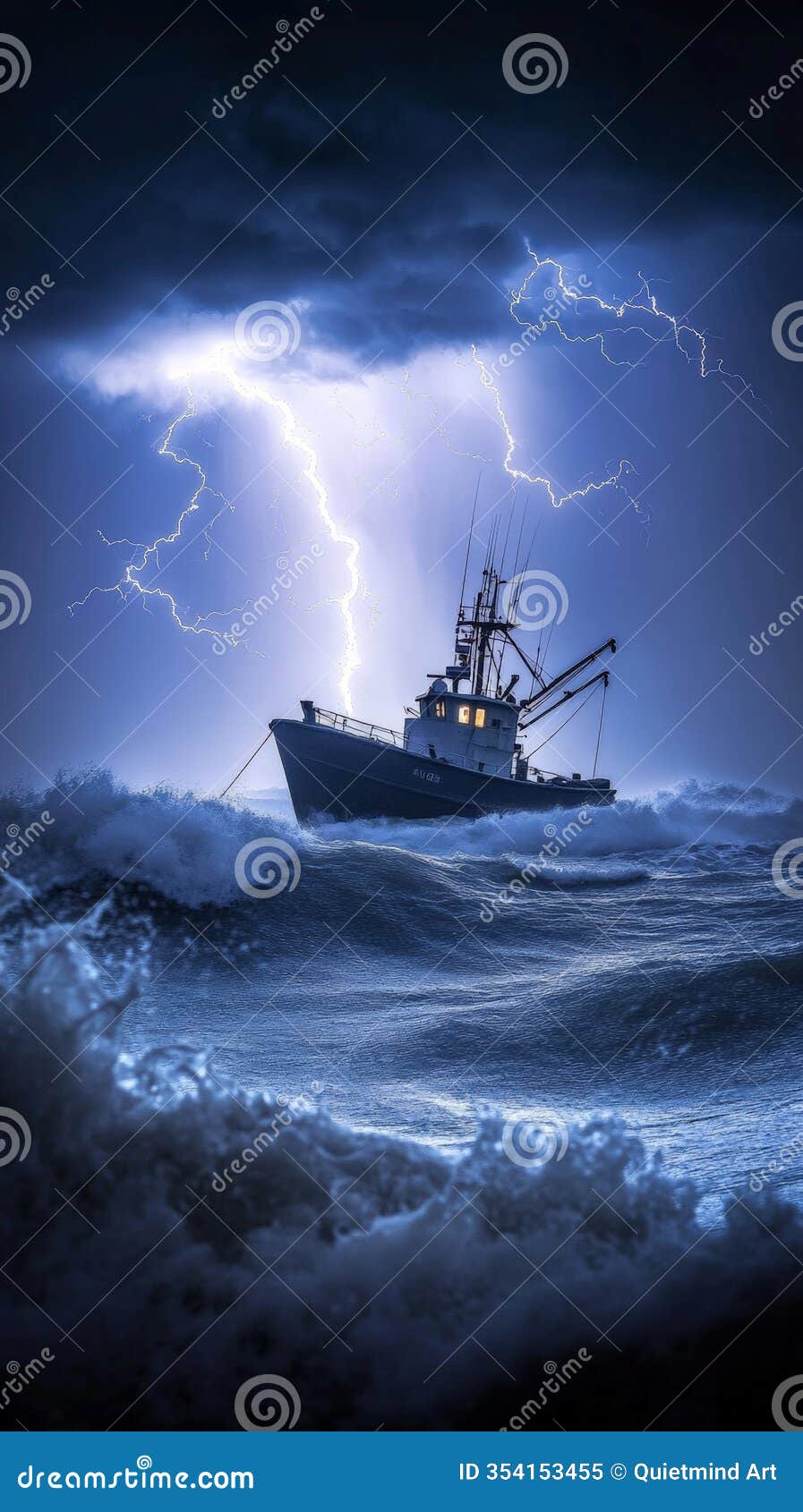 Dramatic Lightning Storm Over Ocean with Ship Battling Waves Stock ...
