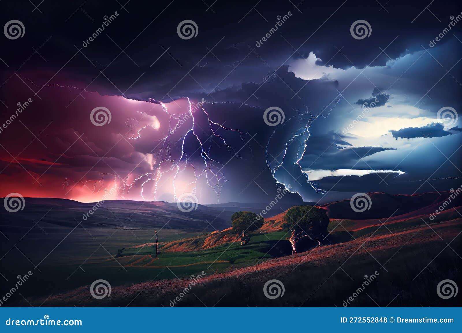 Dramatic Lightning Storm Over Rolling Hills, with Dramatic Clouds and Sky Stock Illustration ...