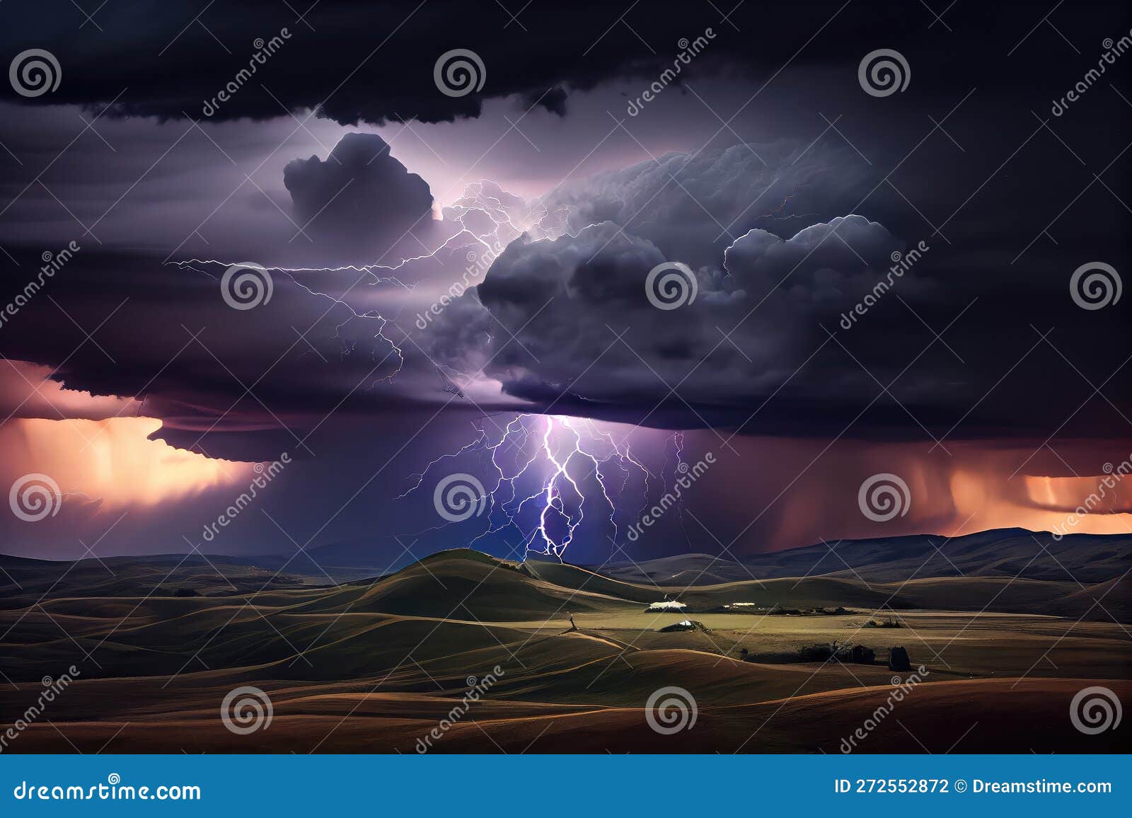 Dramatic Lightning Storm Over Rolling Hills, With Dramatic Clouds And ...