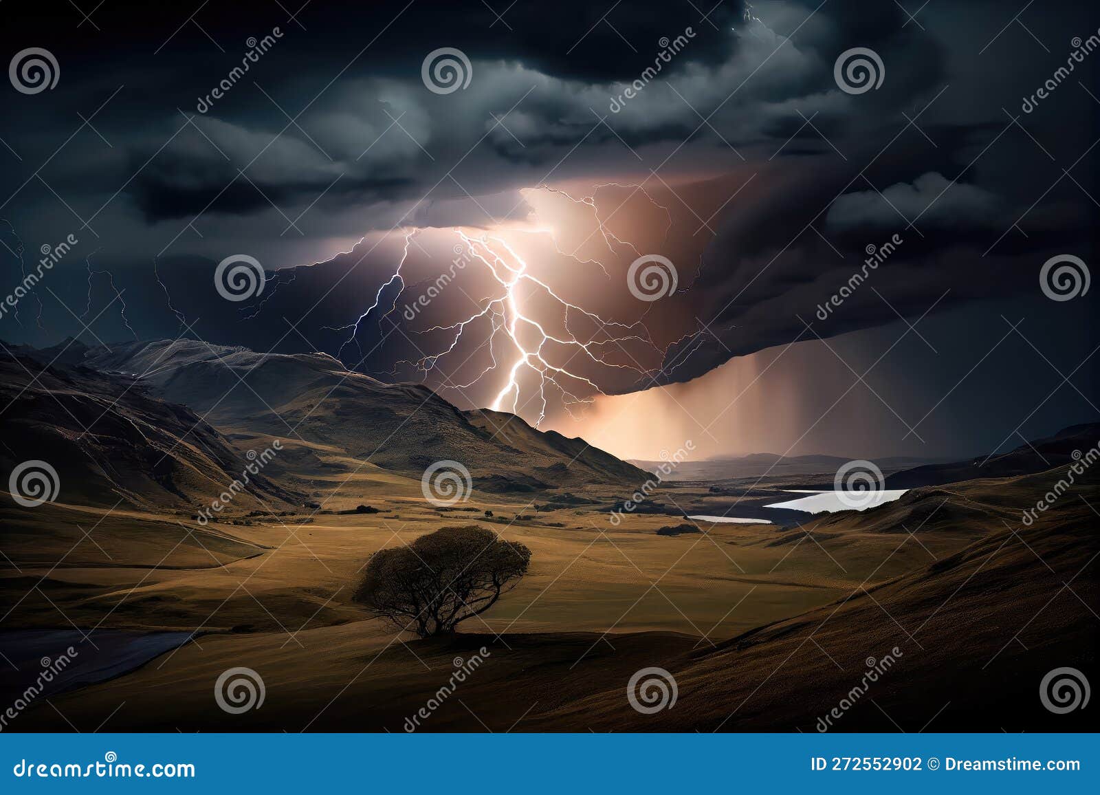 Dramatic Lightning Storm Over Rolling Hills, with Dramatic Clouds and ...