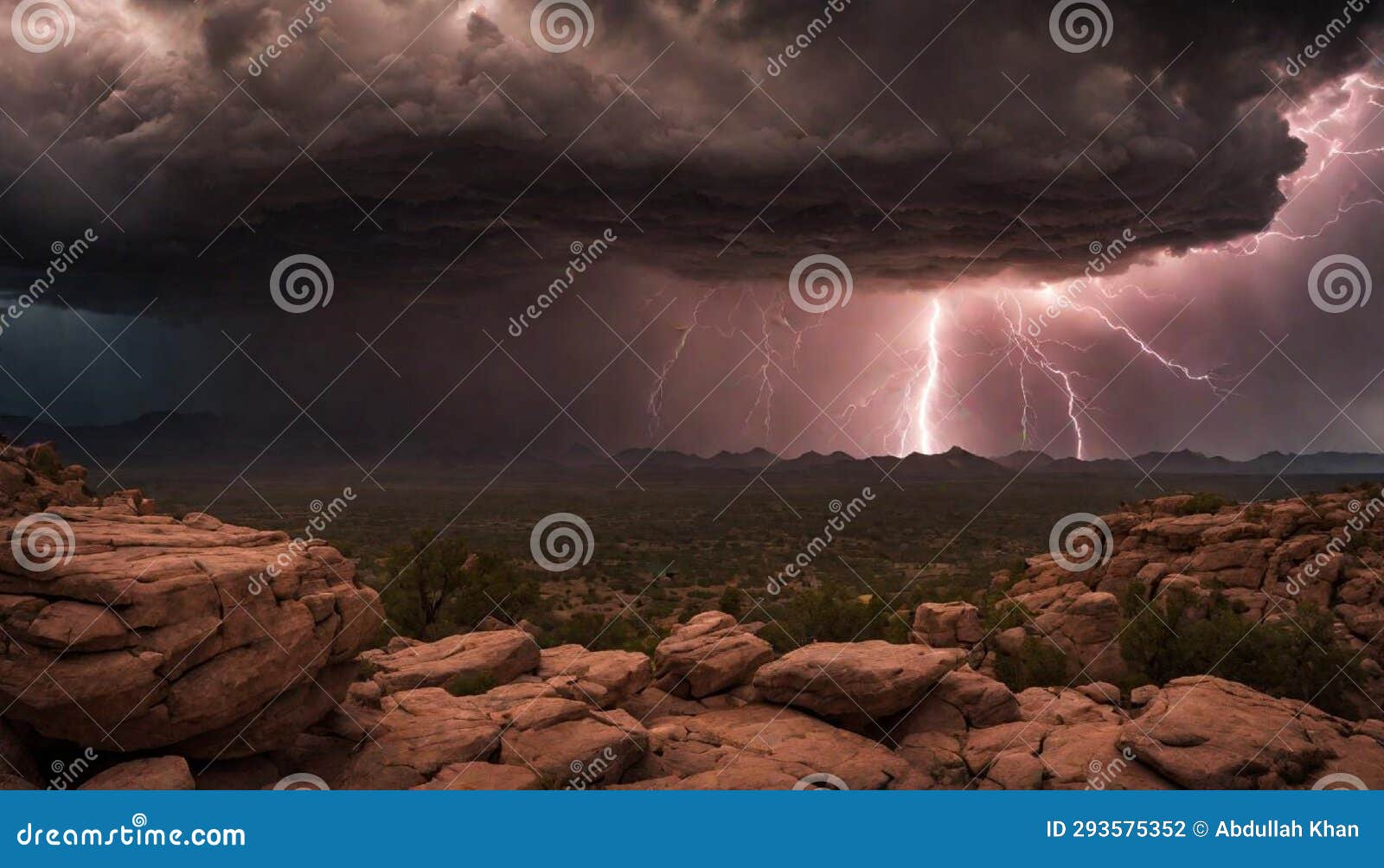 Dramatic Lightning Strikes Over Towering Desert Rock Formations Royalty ...
