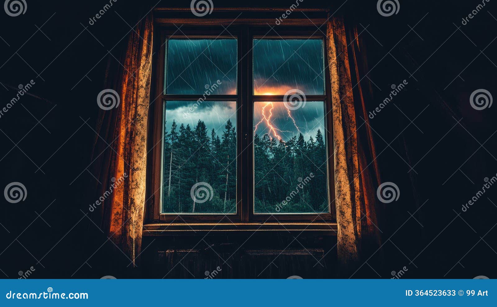 A Dramatic Lightning Strike Illuminates A Dark, Stormy Night. Rain ...