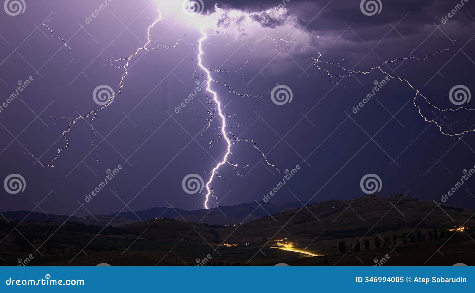 Dramatic Lightning Strike Over a Dark Landscape at Night Stock Image ...
