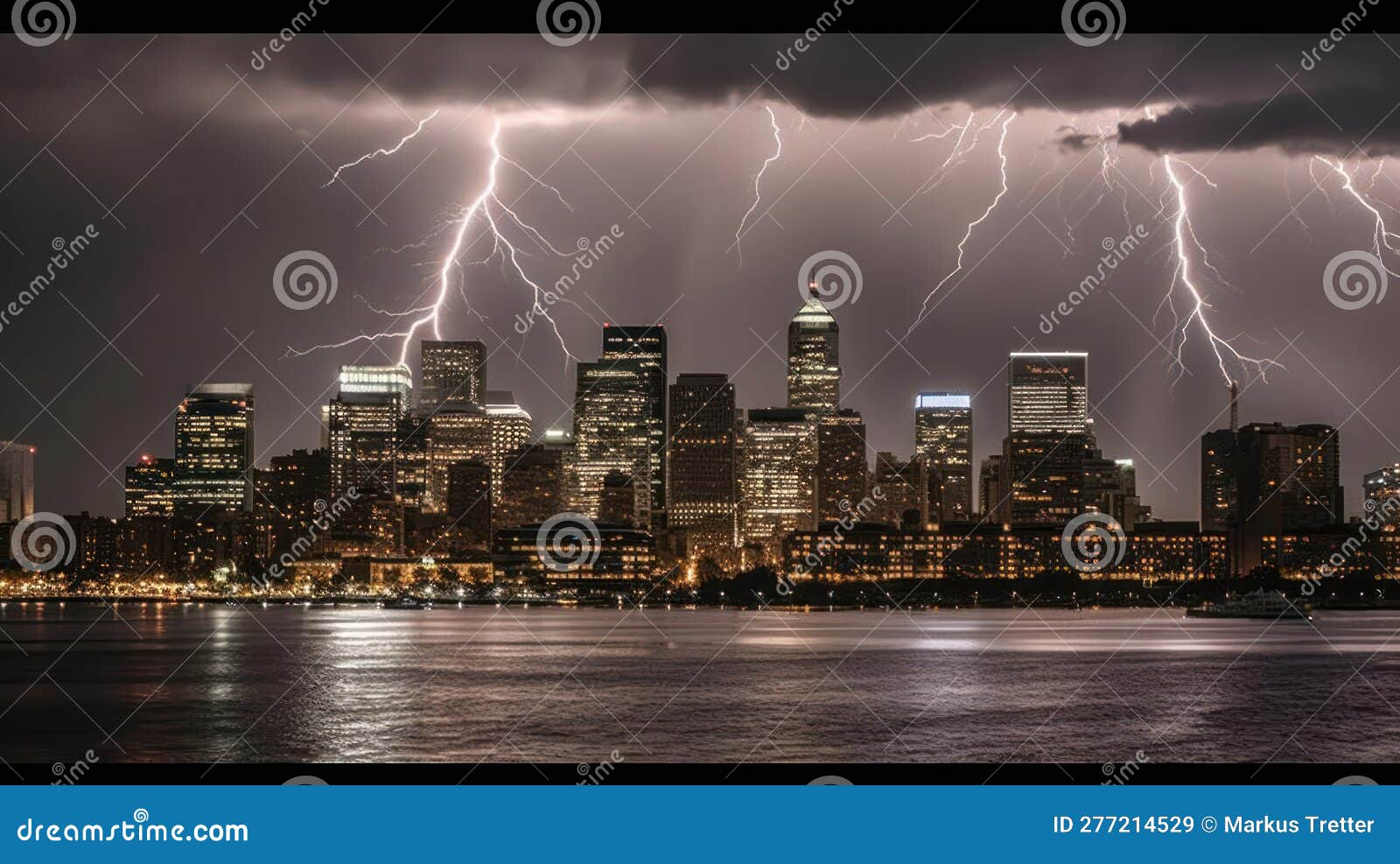 A Dramatic Lightning Strike Over a Dark and Stormy City Skyline Created ...