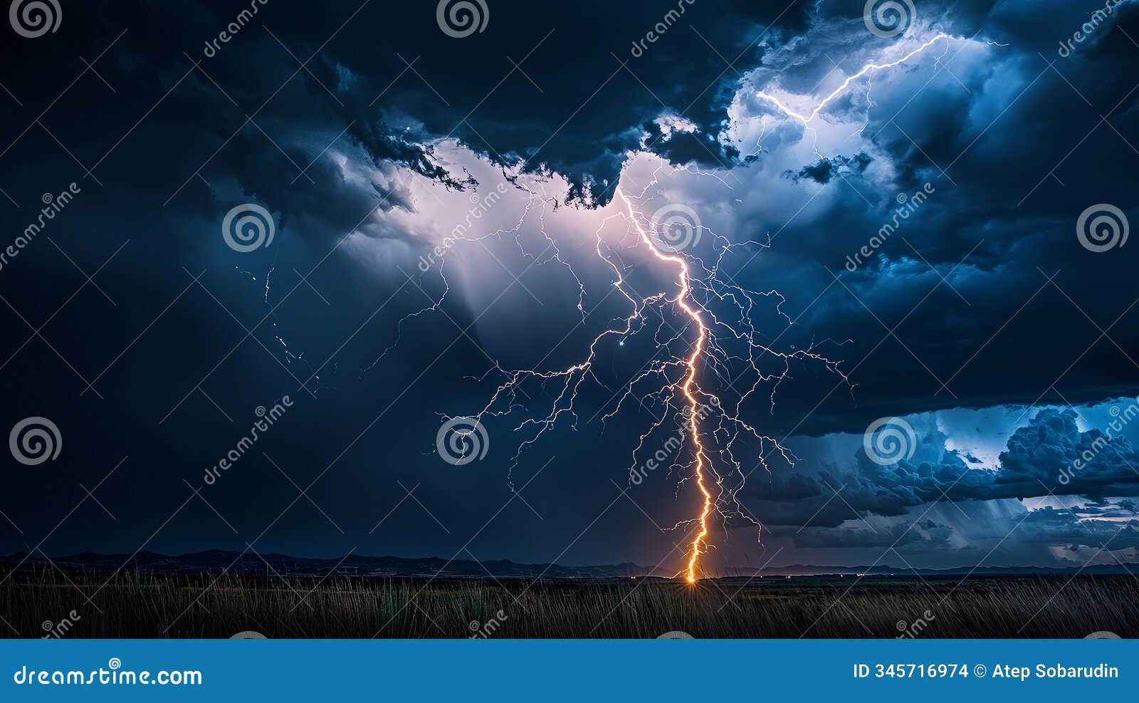 Dramatic Lightning Strike Over Dark Stormy Landscape at Night Stock ...