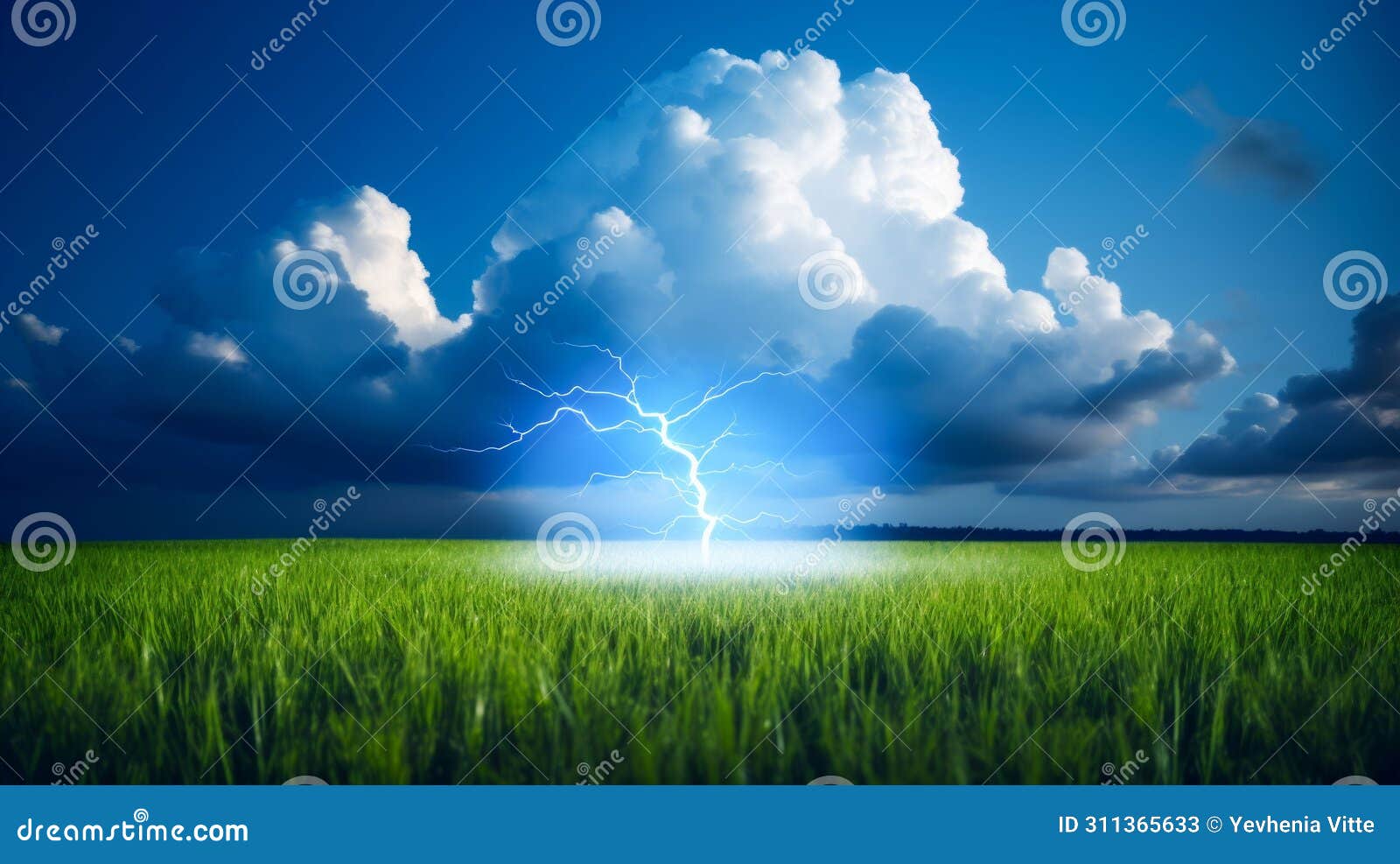 Dramatic Lightning Strike Over Lush Green Field. Generative Ai Stock ...