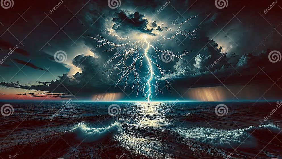 Dramatic Lightning Strike Over the Ocean, Illuminating the Waves and Dark Sky Stock Illustration ...
