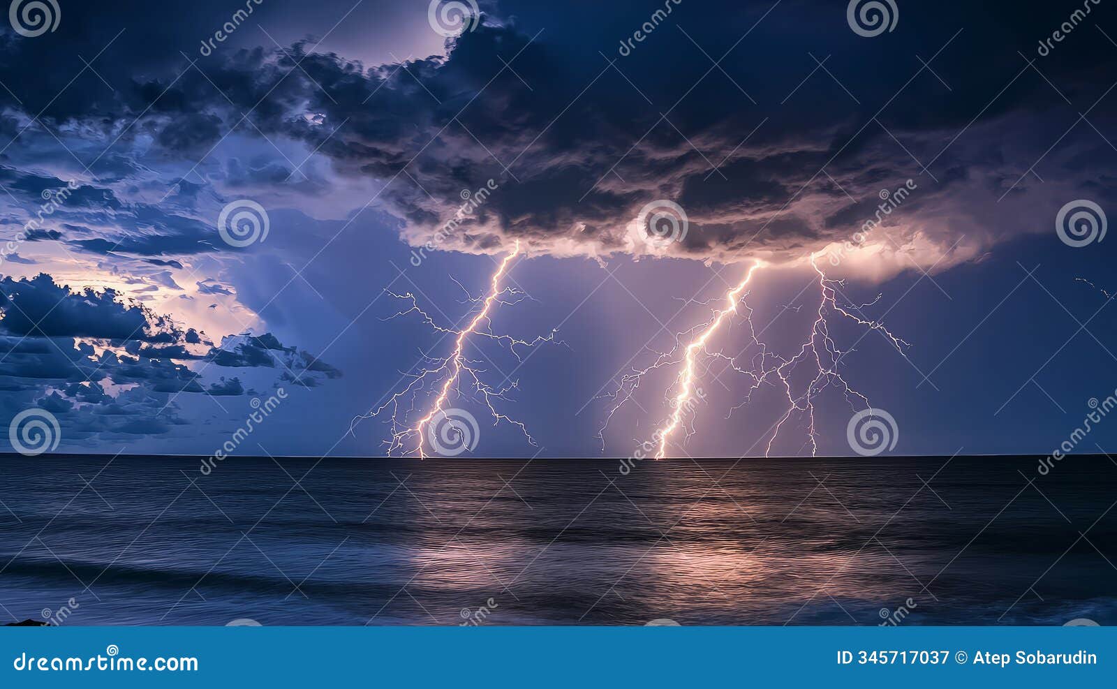 Dramatic Lightning Strikes Over a Dark Ocean at Night. (1 Stock Image - Image of dramatic, power ...