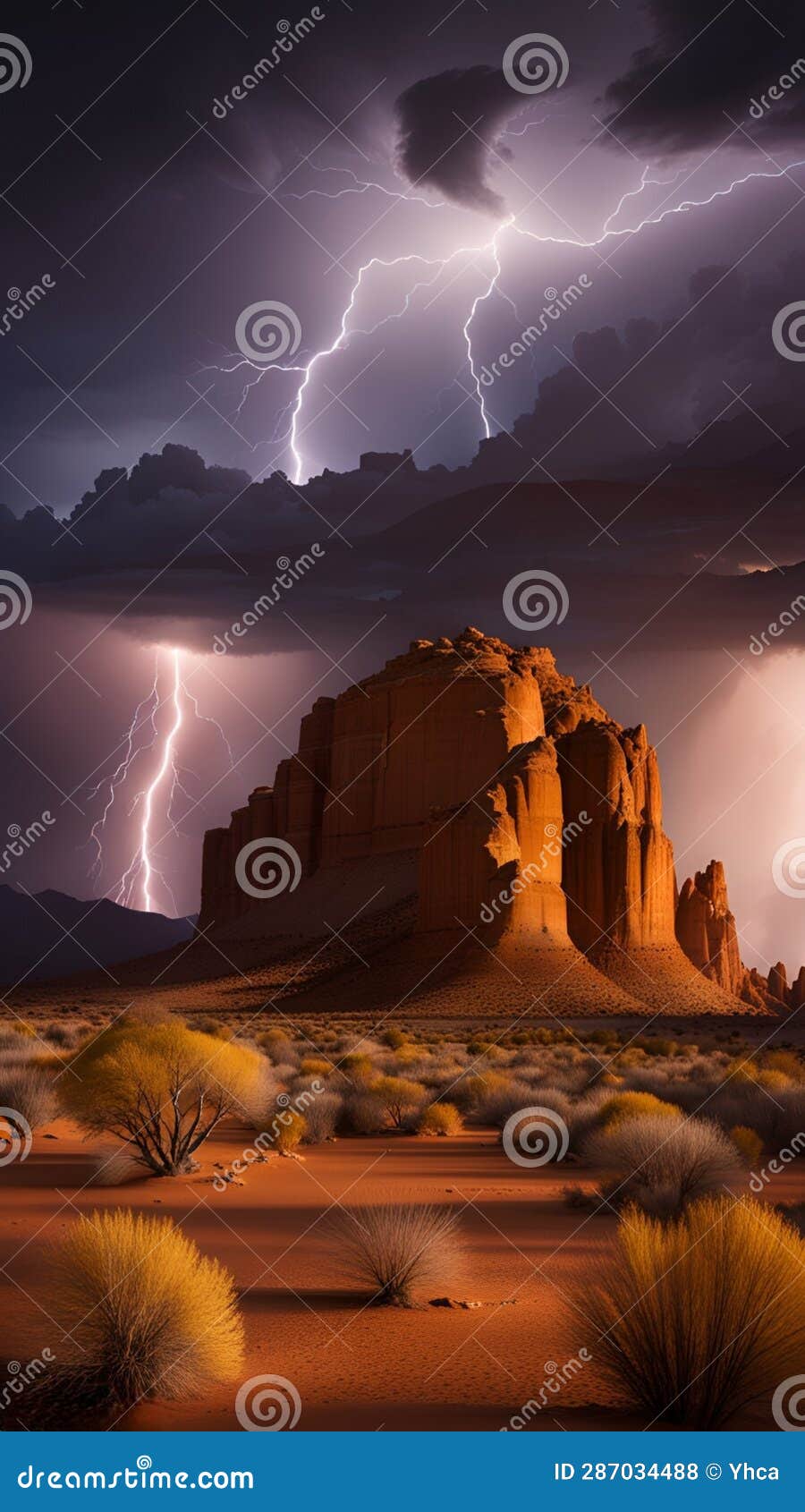 Dramatic Lightning Strikes Over Towering Desert Rock Formations Stock ...