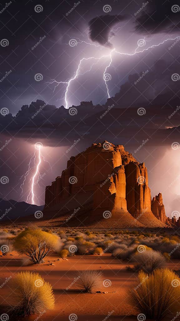 Dramatic Lightning Strikes Over Towering Desert Rock Formations Stock ...