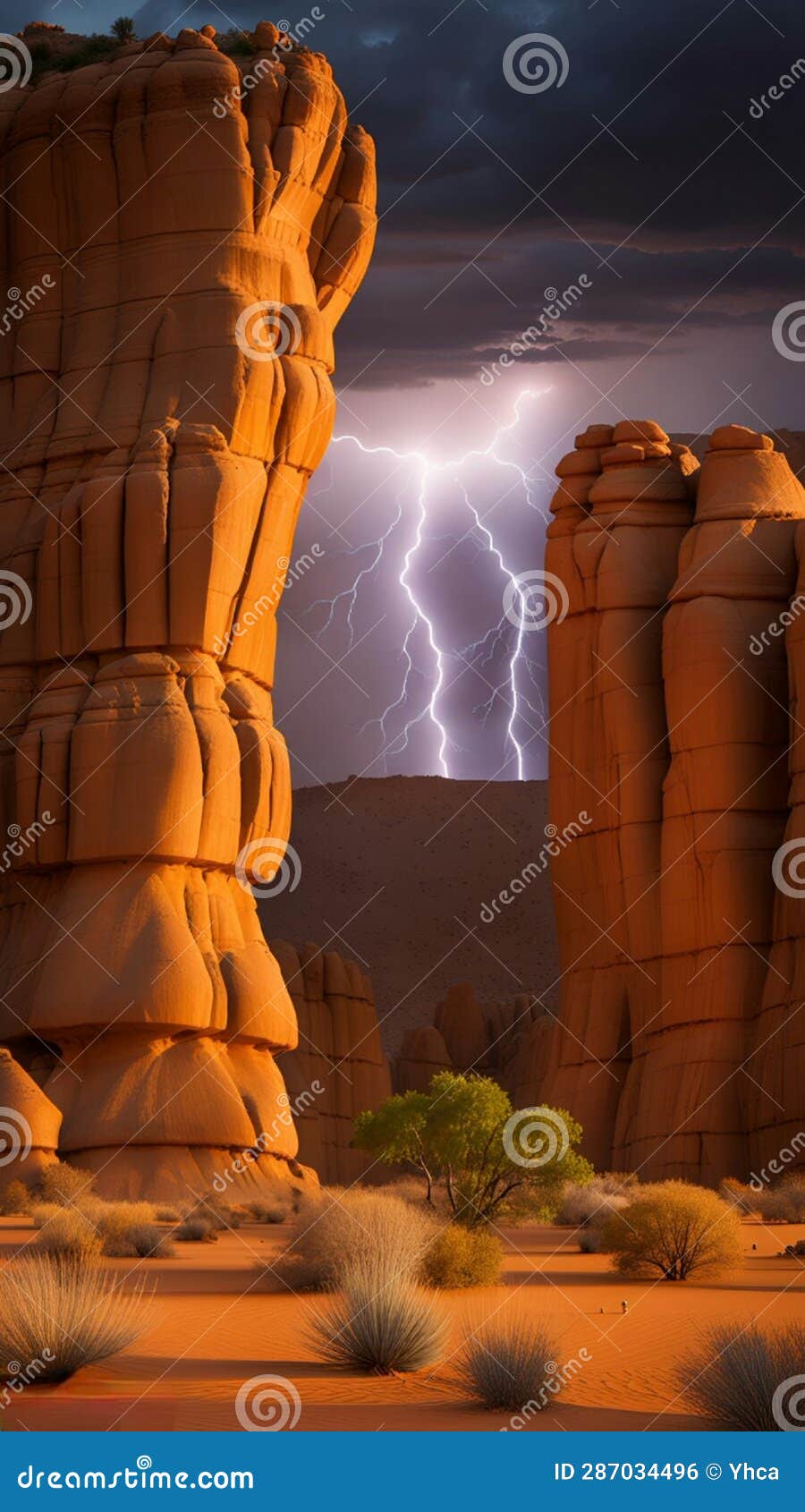 Dramatic Lightning Strikes Over Towering Desert Rock Formations Stock ...