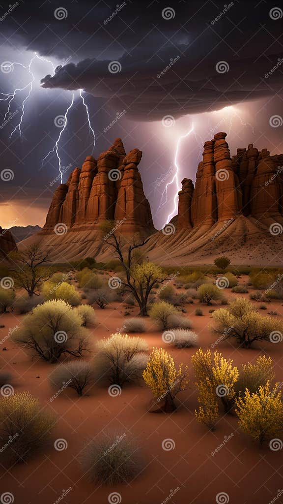 Dramatic Lightning Strikes Over Towering Desert Rock Formations Stock ...
