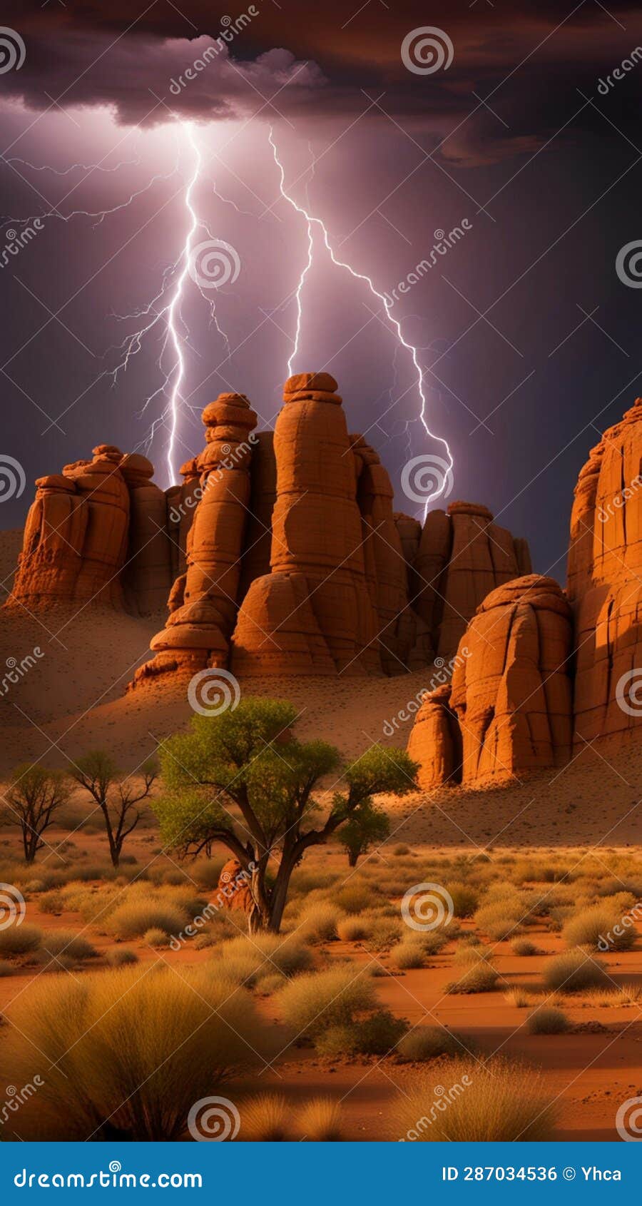 Dramatic Lightning Strikes Over Towering Desert Rock Formations Stock ...