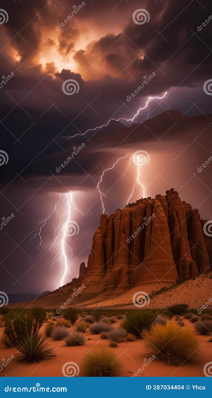 Dramatic Lightning Strikes Over Towering Desert Rock Formations Stock ...