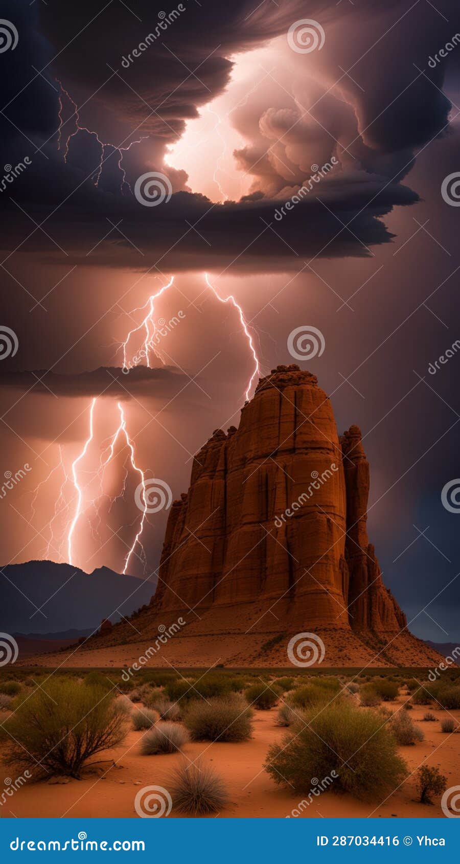 Dramatic Lightning Strikes Over Towering Desert Rock Formations Stock ...