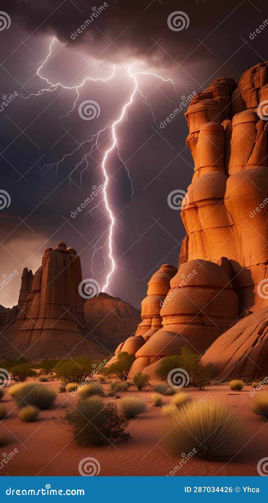 Dramatic Lightning Strikes Over Towering Desert Rock Formations Stock ...