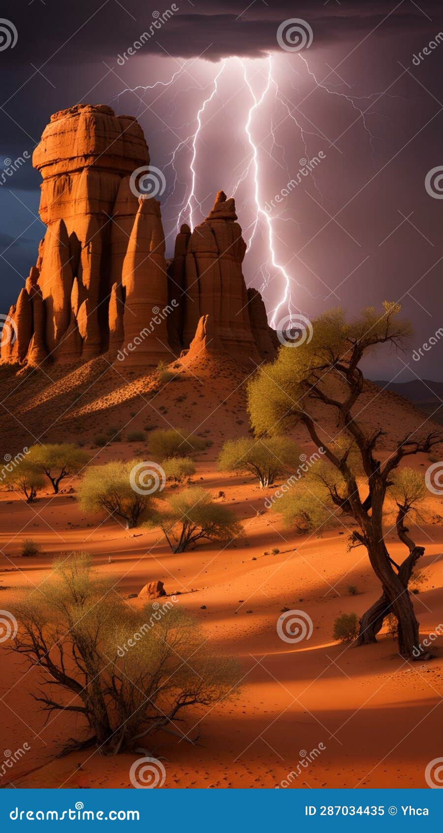 Dramatic Lightning Strikes Over Towering Desert Rock Formations Stock ...