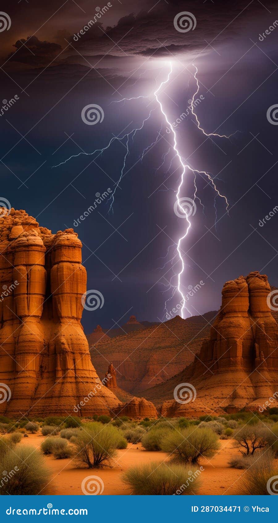 Dramatic Lightning Strikes Over Towering Desert Rock Formations Stock ...