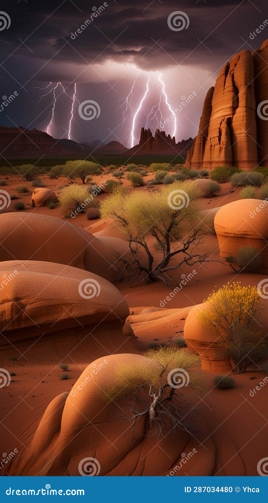 Dramatic Lightning Strikes Over Towering Desert Rock Formations Stock ...