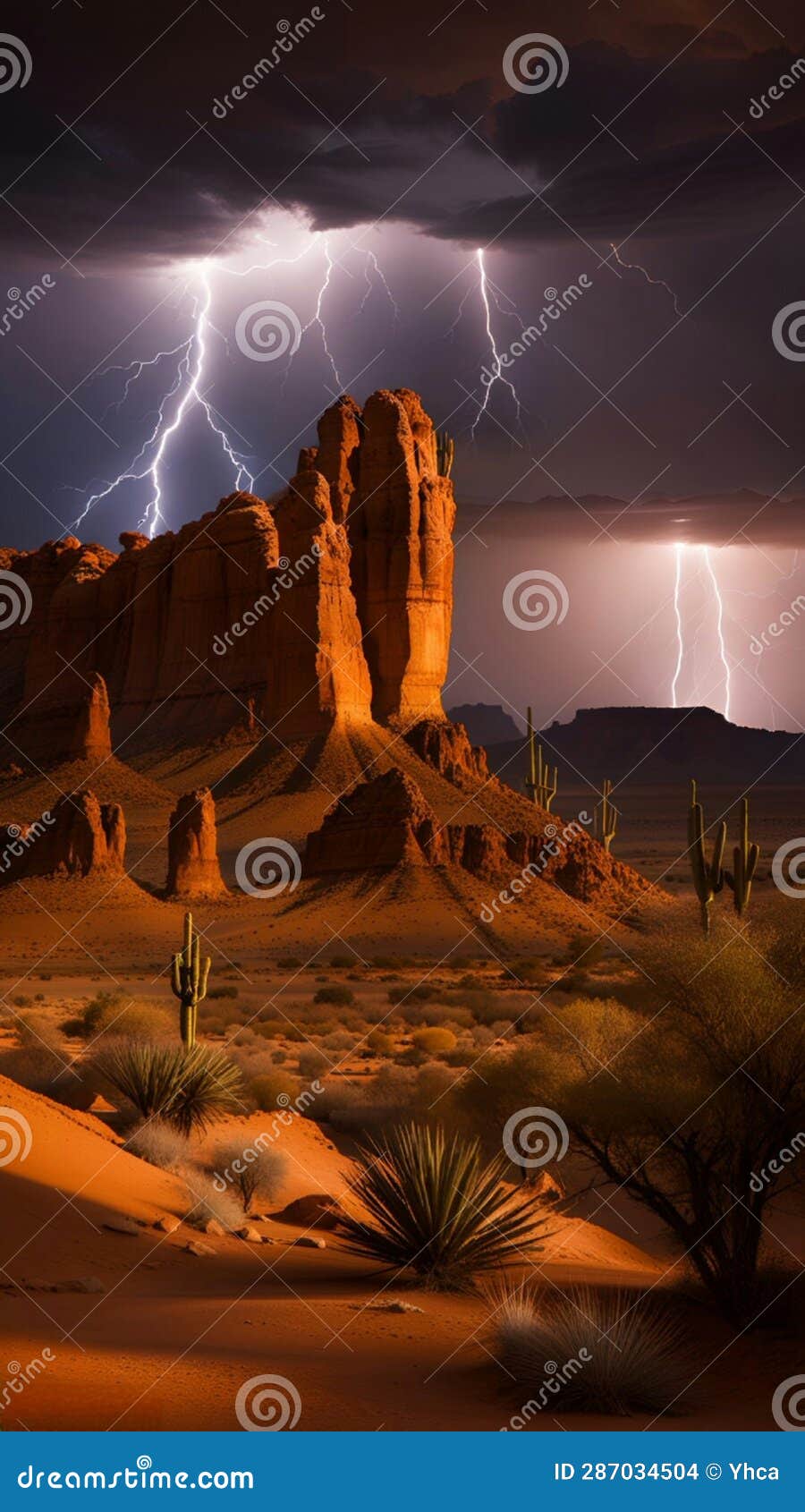Dramatic Lightning Strikes Over Towering Desert Rock Formations Stock ...