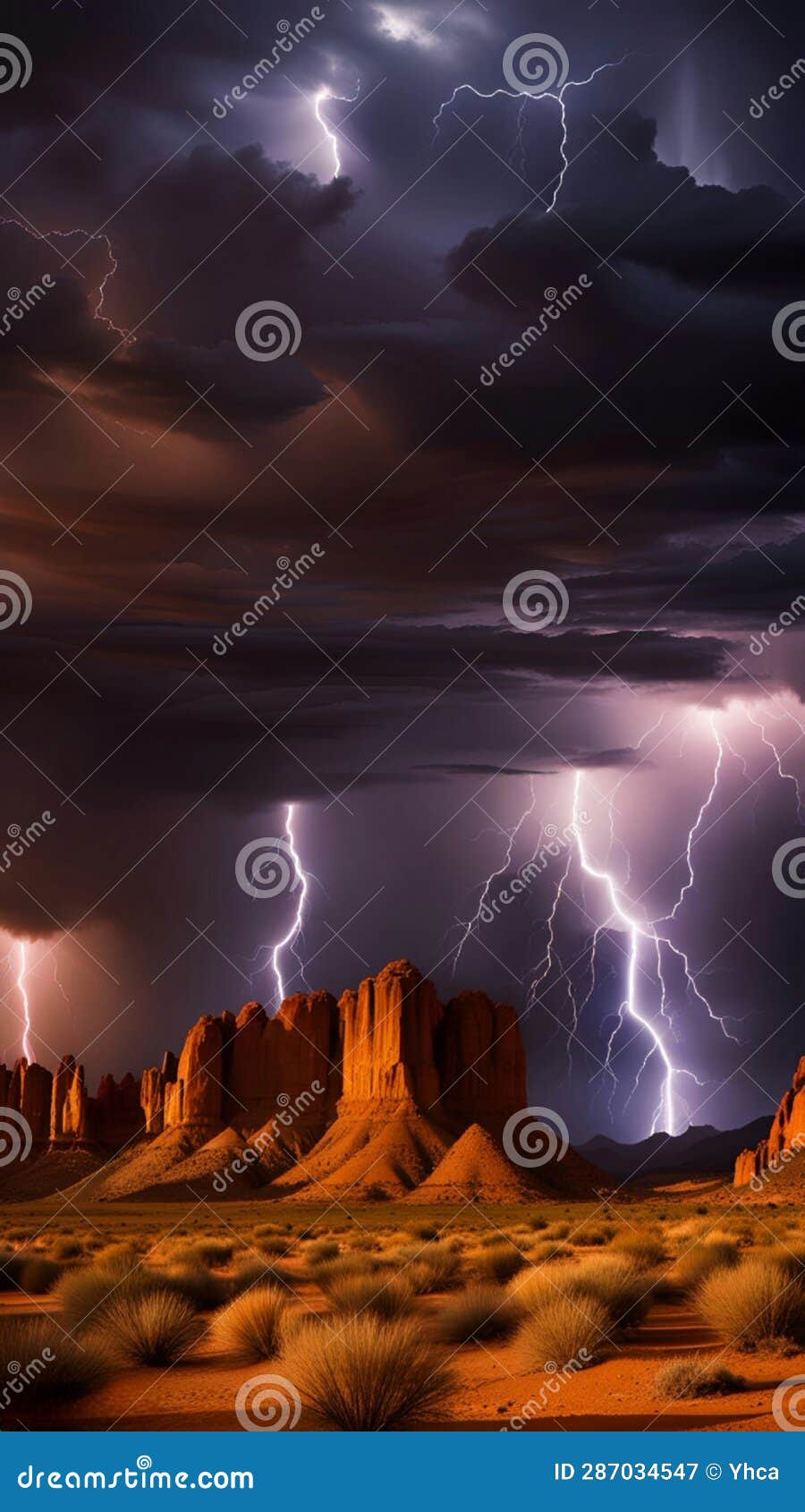 Dramatic Lightning Strikes Over Towering Desert Rock Formations Stock ...