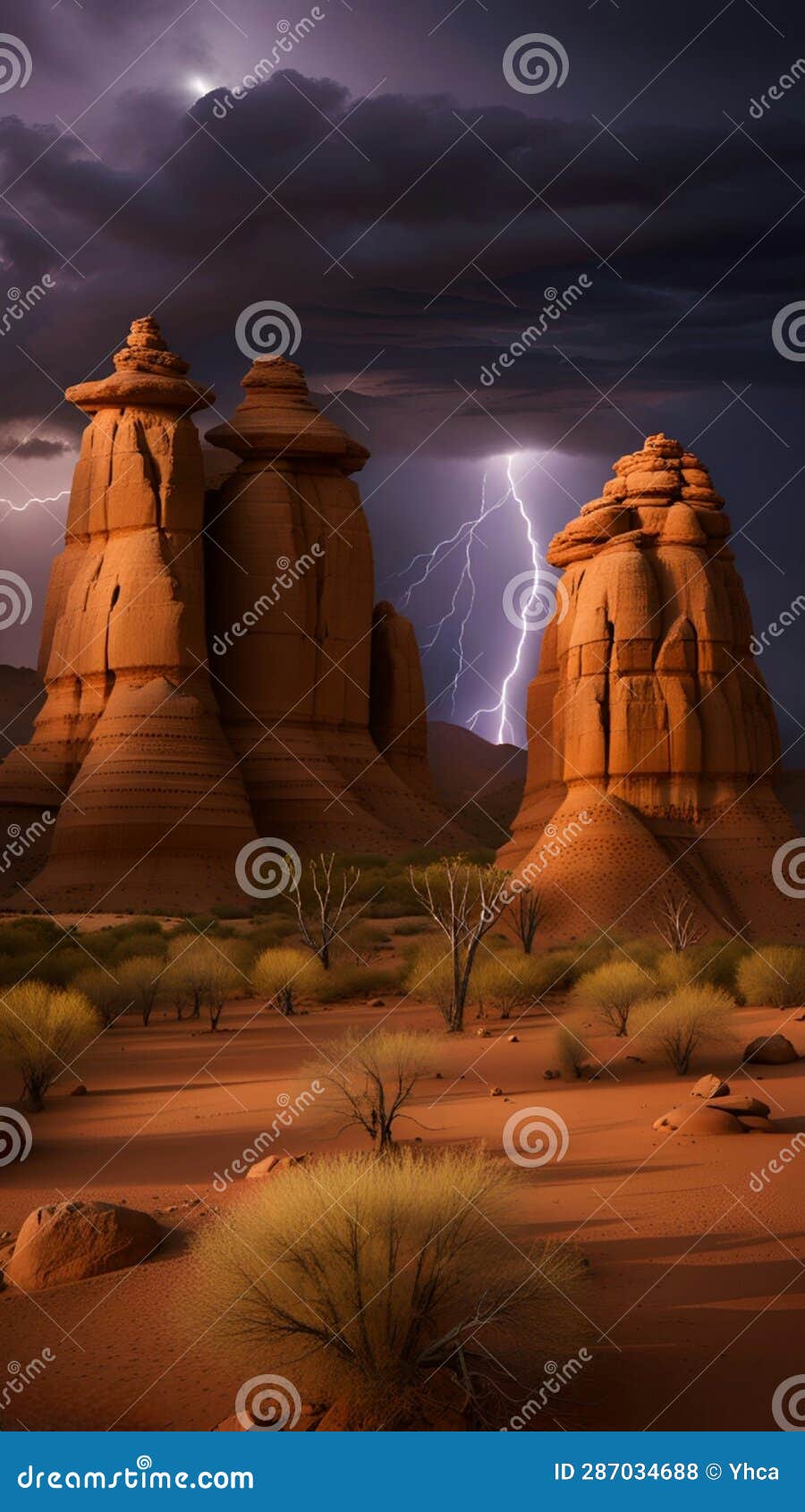 Dramatic Lightning Strikes Over Towering Desert Rock Formations Stock ...