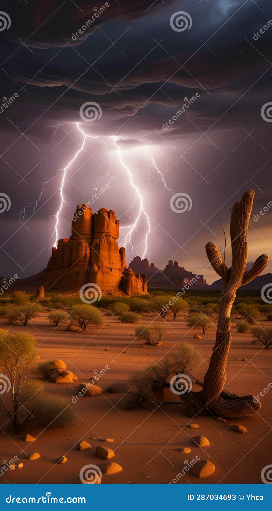 Dramatic Lightning Strikes Over Towering Desert Rock Formations Stock ...