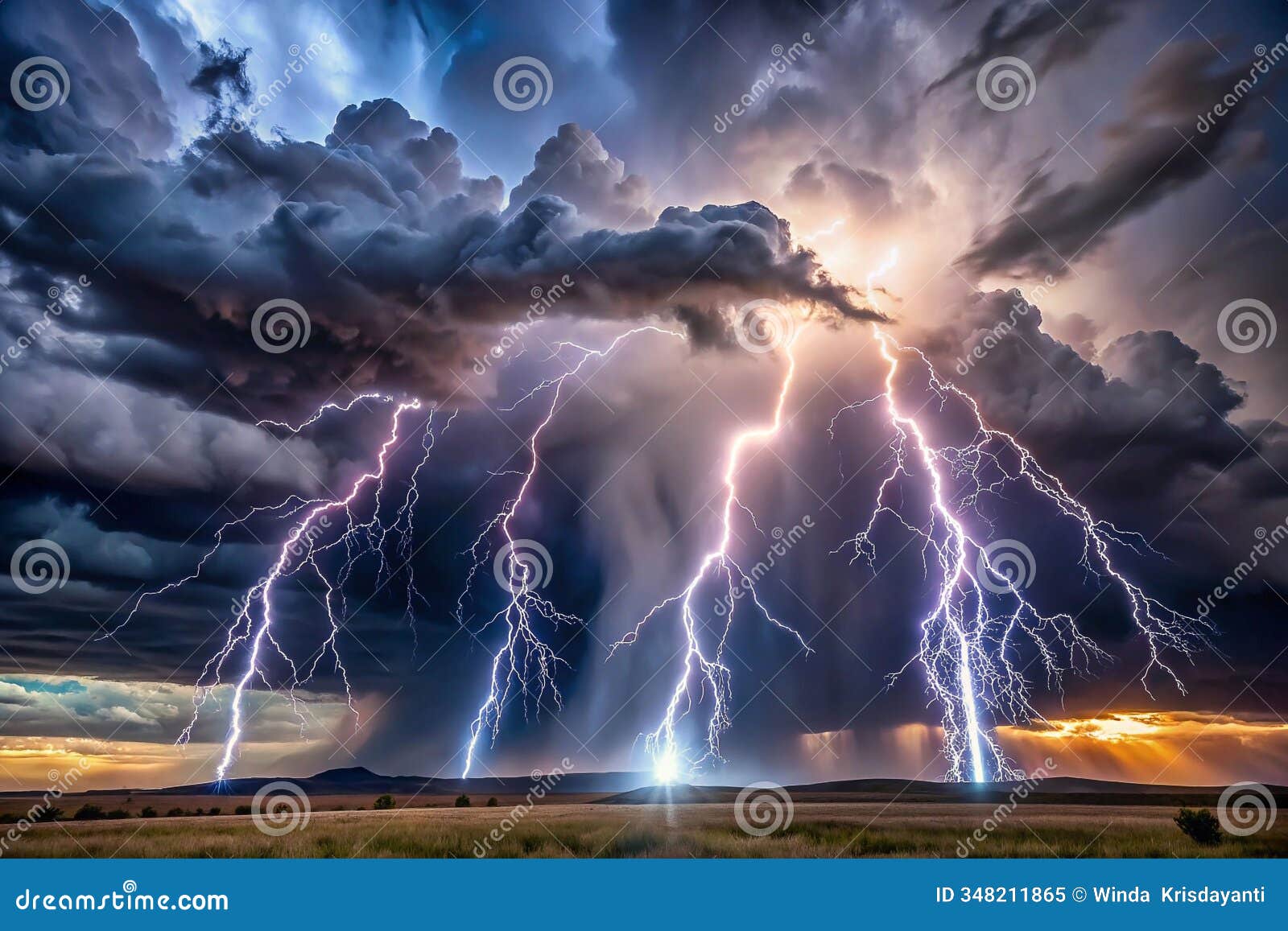 Dramatic Lightning Strikes during a Powerful Thunderstorm Over a Flat ...