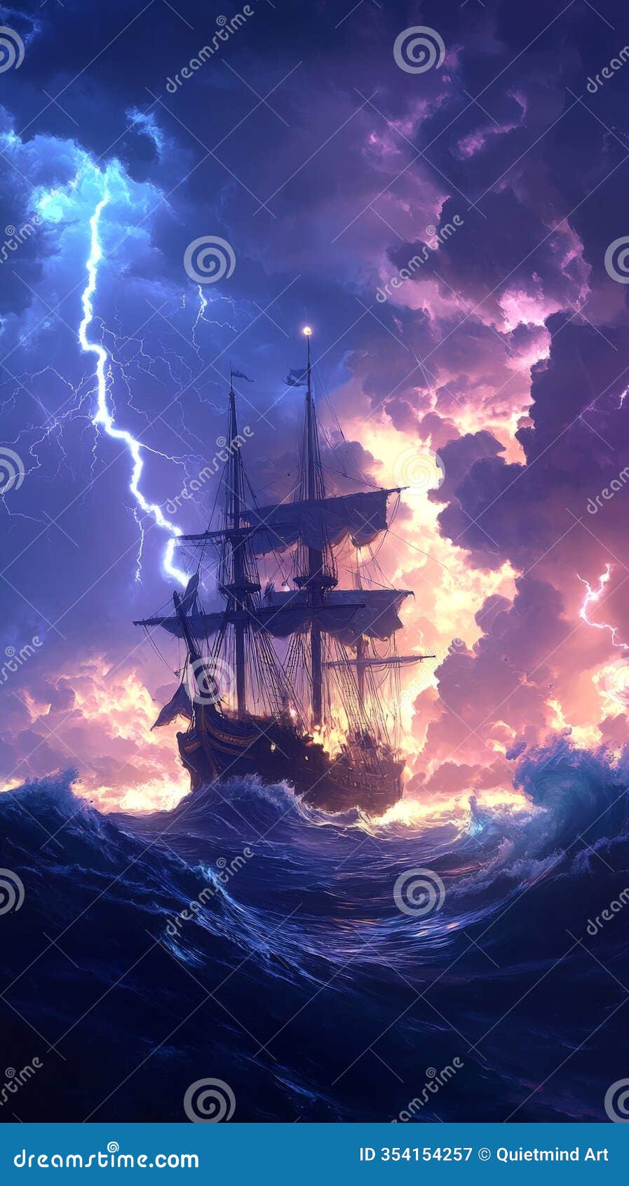 Dramatic Maritime Thunderstorm with Lightning Illuminating a Sailing ...