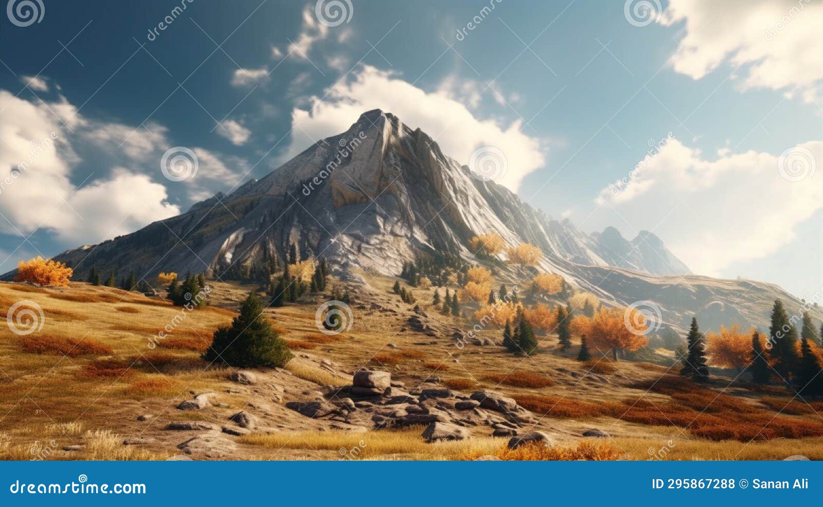 Dramatic Mountain Landscape with Sunlit Large Hill with Sharp Rocks and ...