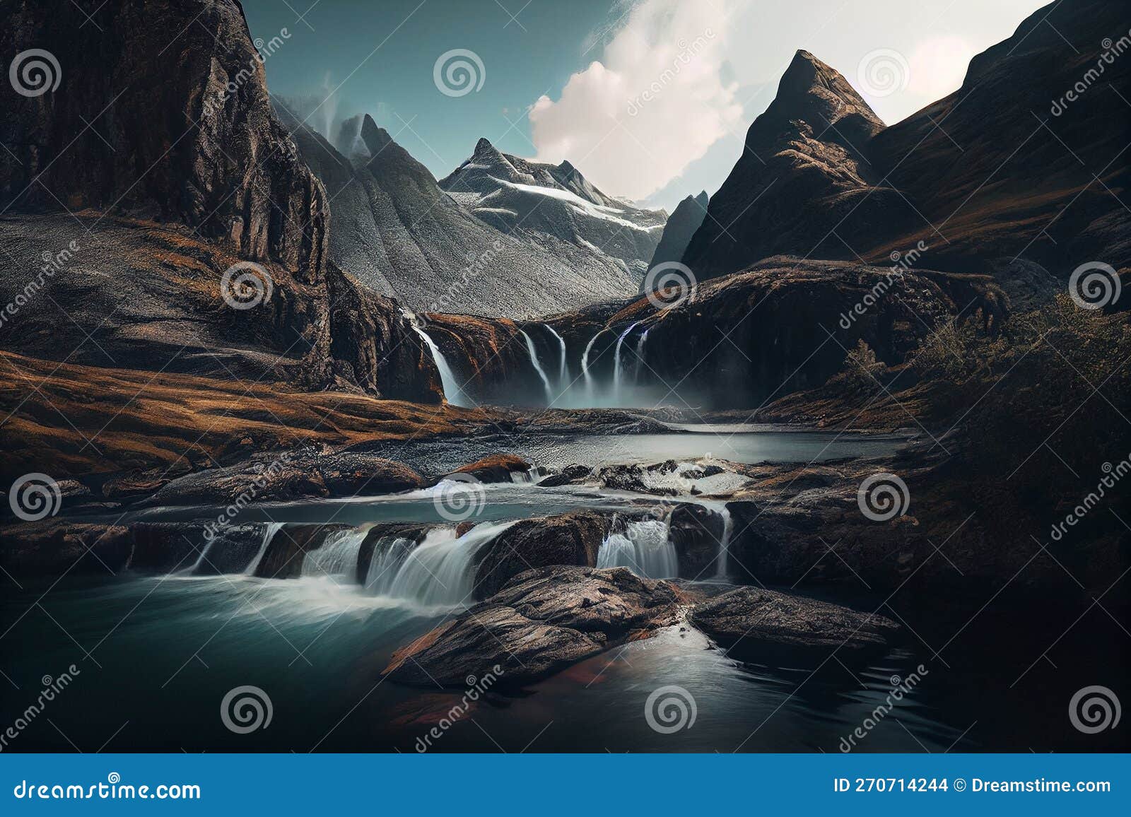 A Dramatic Mountain Scene with Rushing Waterfalls and a Still, Tranquil ...