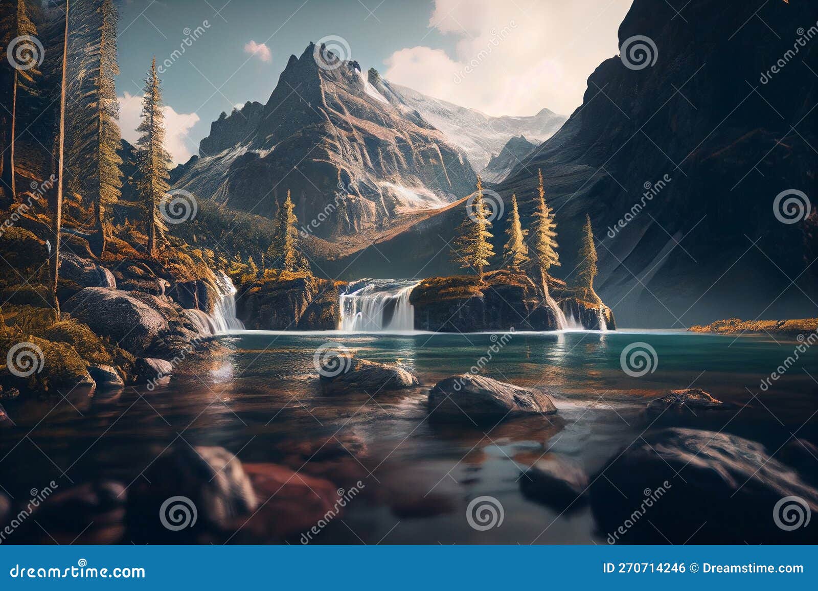 A Dramatic Mountain Scene with Rushing Waterfalls and a Still, Tranquil ...