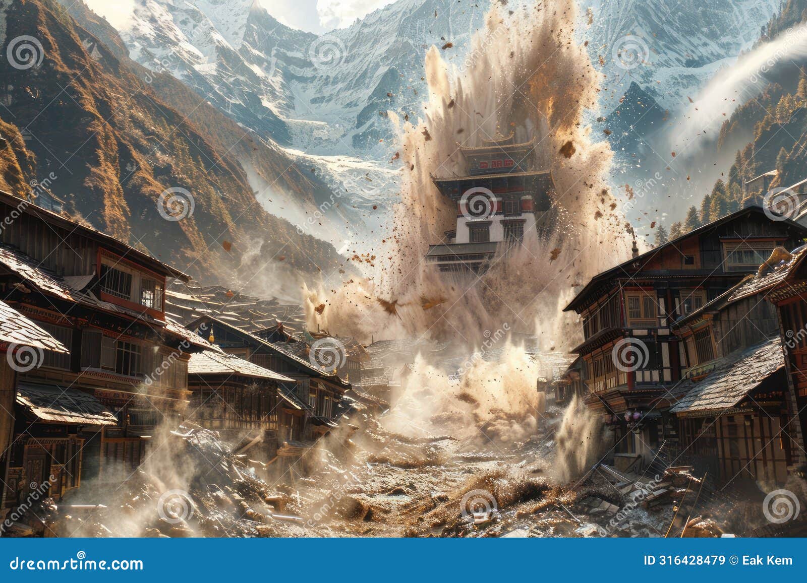 Dramatic Mountain Village Devastation Scene with Explosive Action and ...