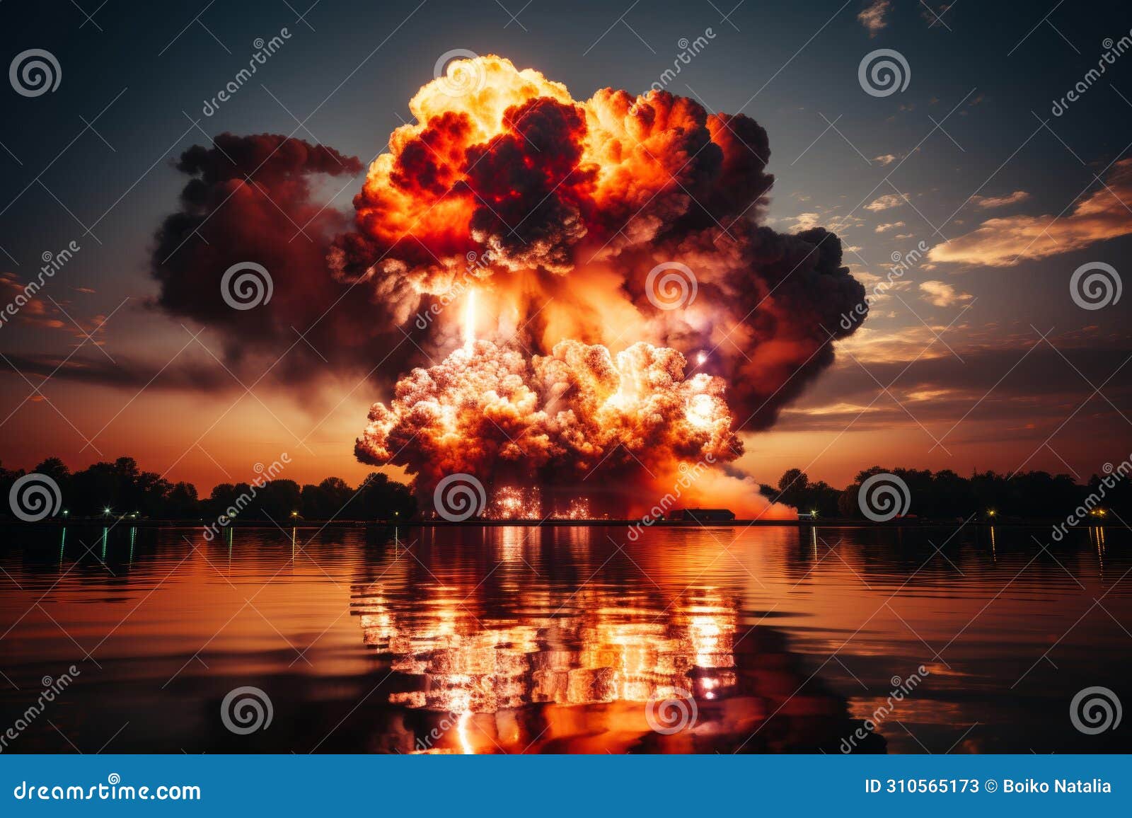 Dramatic Night Cityscape with Nuclear Explosion, Mushroom Cloud, and ...
