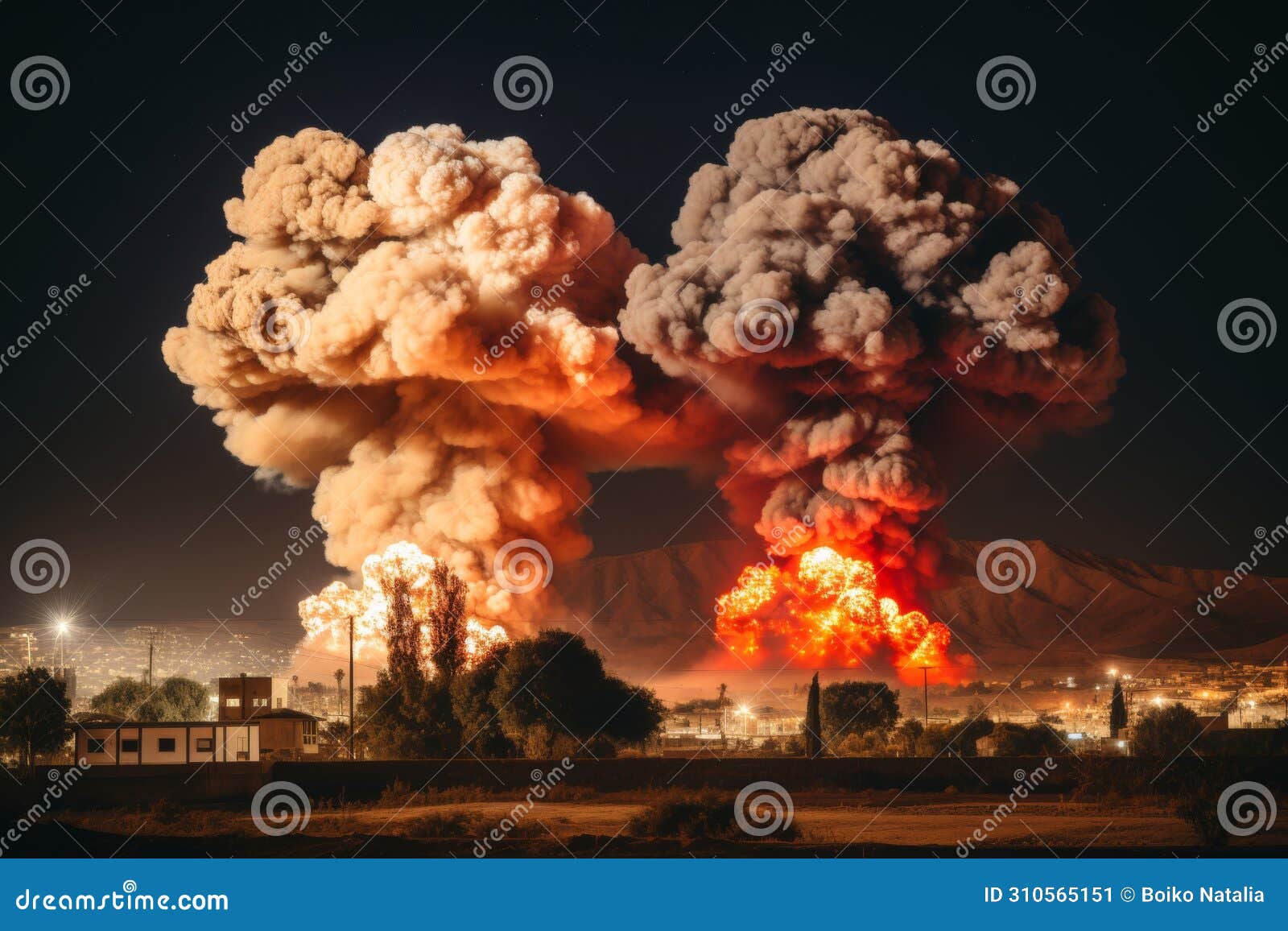 Dramatic Night Cityscape with Nuclear Explosion, Mushroom Cloud, and ...