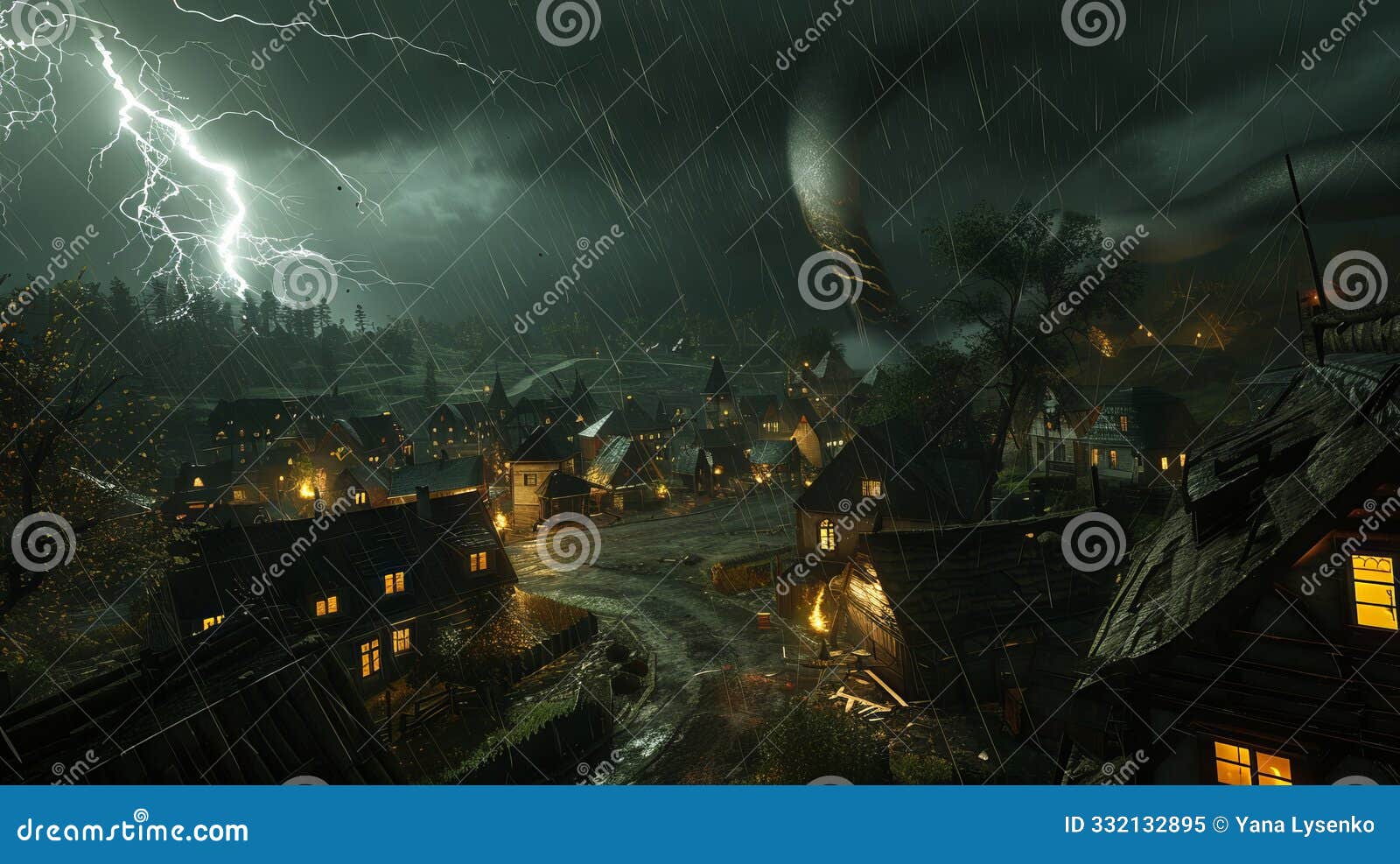 Dramatic Night Scene with Lightning and Tornado Approaching Town ...