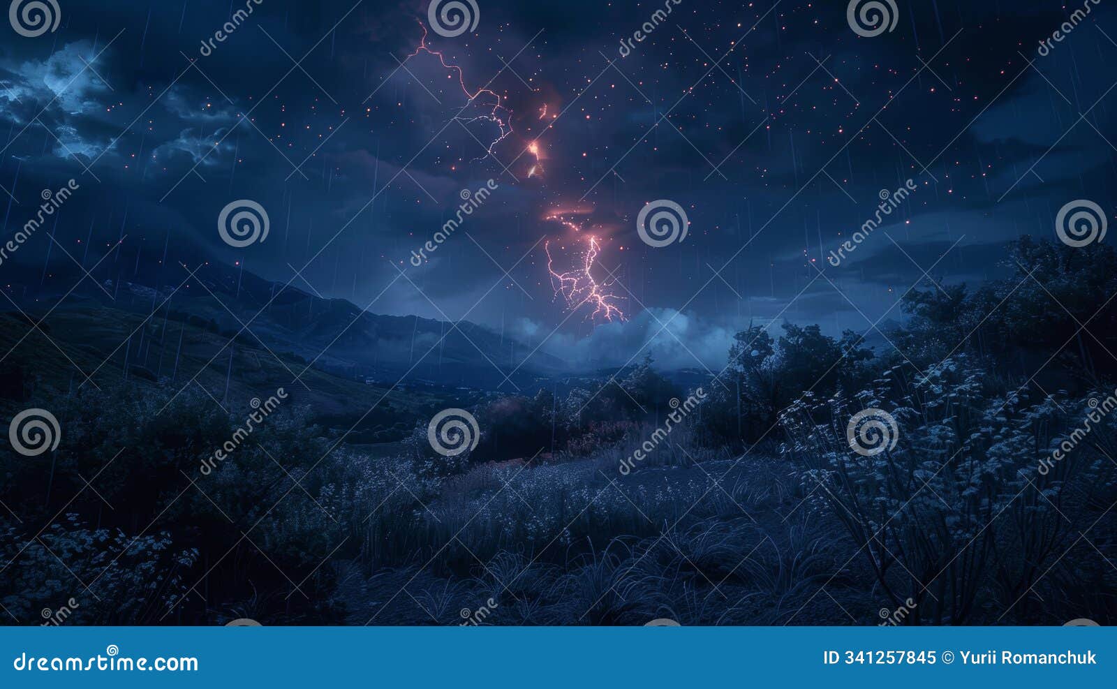 Dramatic Night Scene of a Powerful Lightning Storm Illuminating a Dark ...