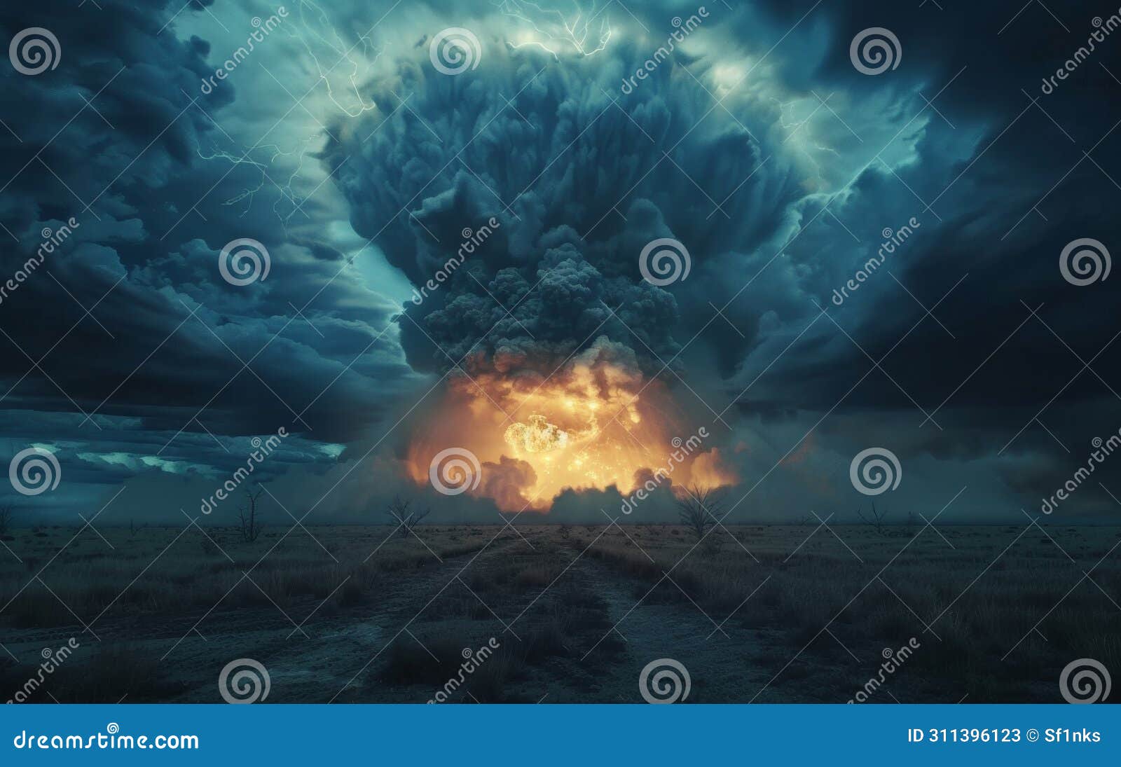A Dramatic Nuclear Explosion Illuminates a Dark, Cloudy Sky Over a ...