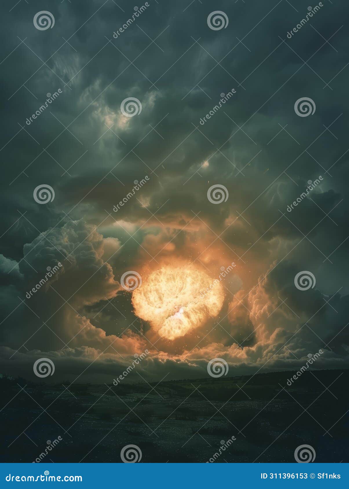 A Dramatic Nuclear Explosion Illuminates a Dark, Cloudy Sky Over a ...