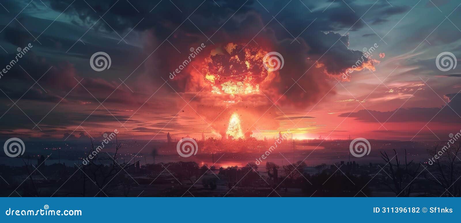 A Dramatic Nuclear Explosion Illuminates a Dark, Cloudy Sky Over a ...