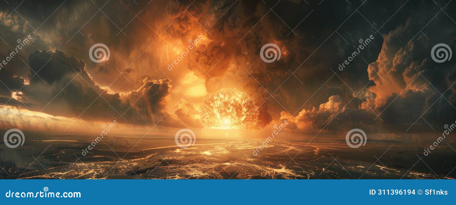 A Dramatic Nuclear Explosion Illuminates a Dark, Cloudy Sky Over a ...