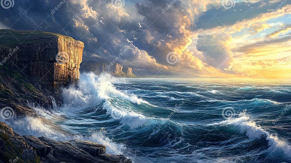 A Dramatic Ocean Cliffside with Waves Crashing Below. Picture Stock ...