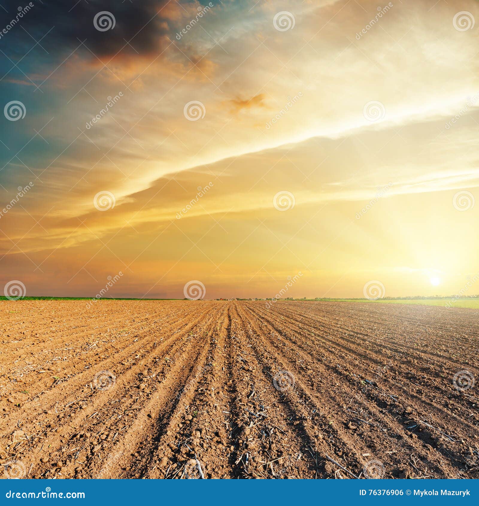 Dramatic Orange Sunset and Plowed Field Stock Photo - Image of earth ...