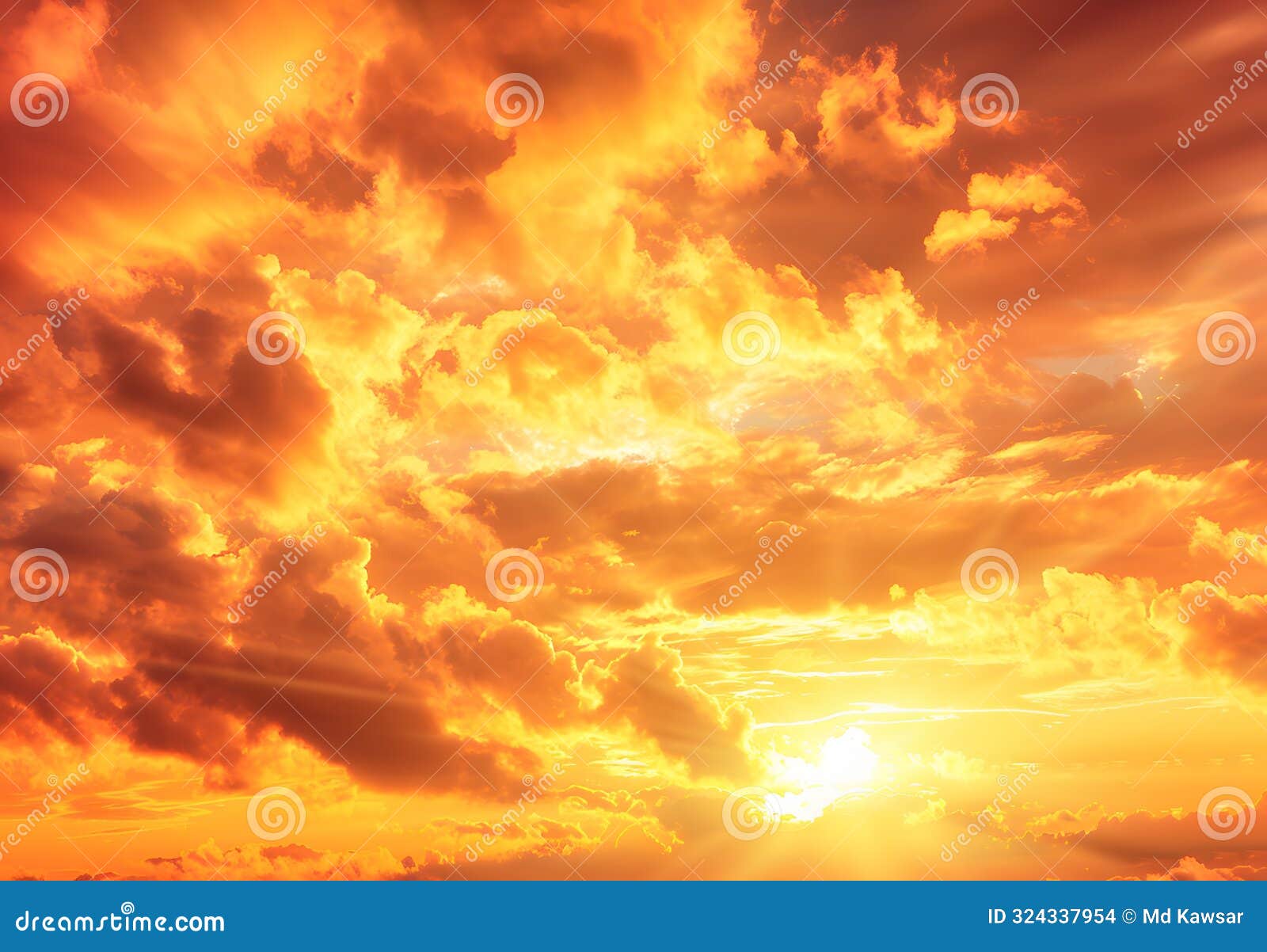 Dramatic Orange and Yellow Sunset Sky with Fluffy Clouds Stock ...