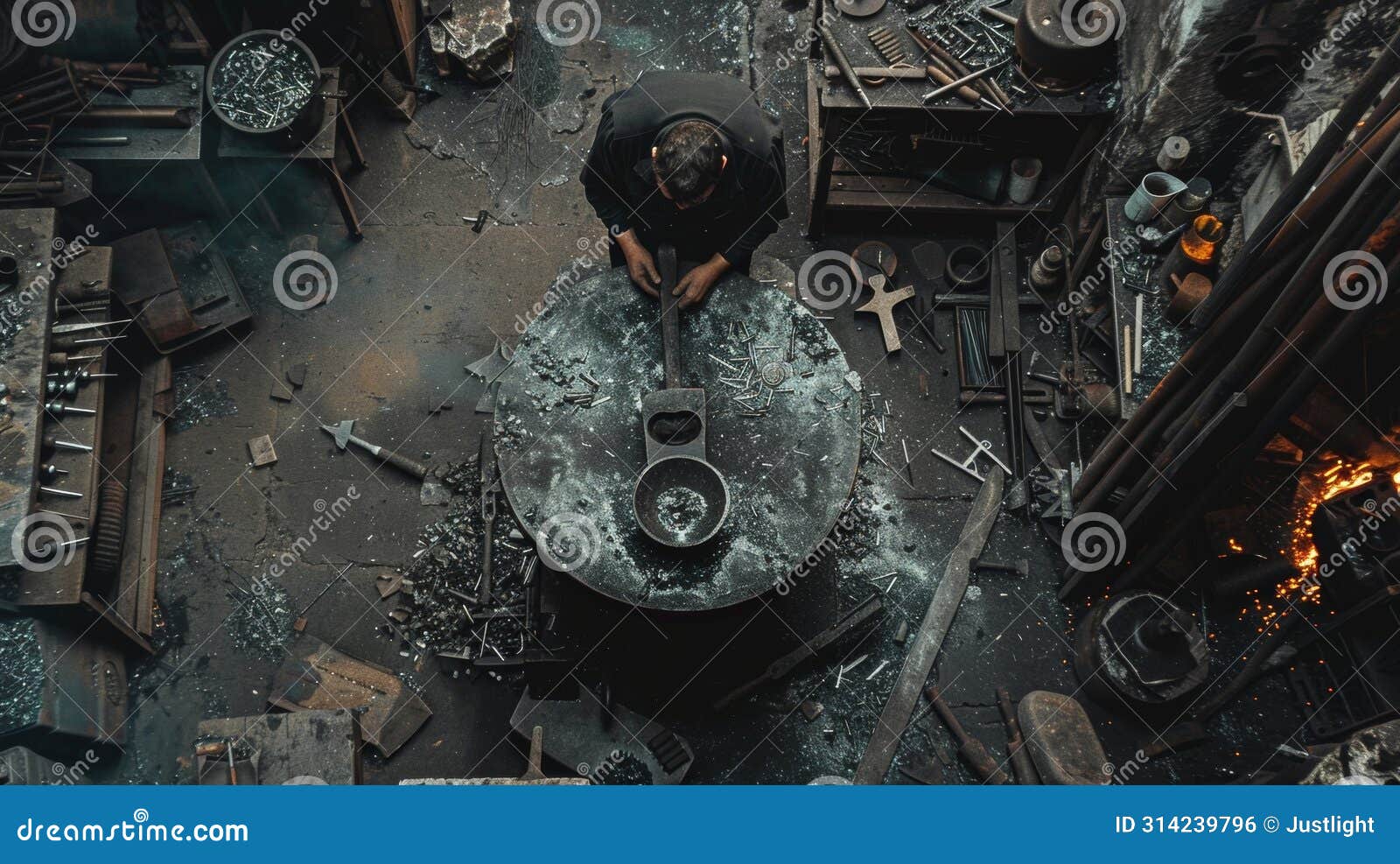 A Dramatic Overhead View of a Blacksmith Working on a Massive Anvil ...
